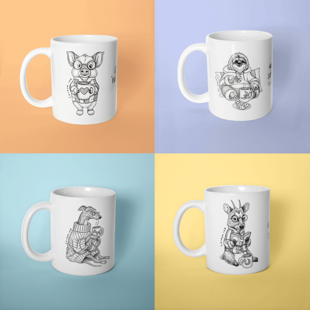 Pack 4 Tazones Flojera Hogareña | Tazas ilustradas 11oz LARAYA.INK ...